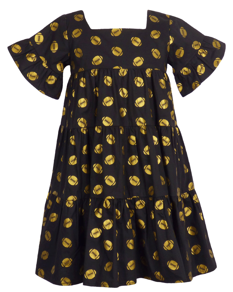 Game Day Tiered Dress with Footballs - Black and Gold – The Yellow Lamb